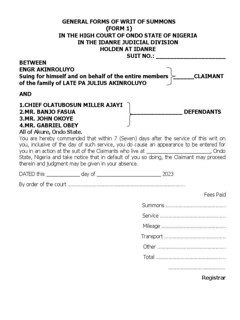 Akinroluyo Writ of Summons | PDF | Lawsuit | Justice