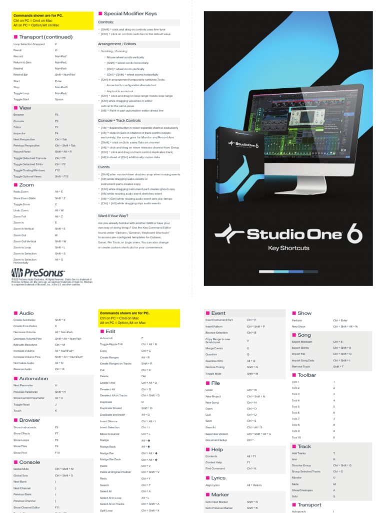 Studio One 6 Key Command Sheet | PDF | Keyboard Shortcut | Software