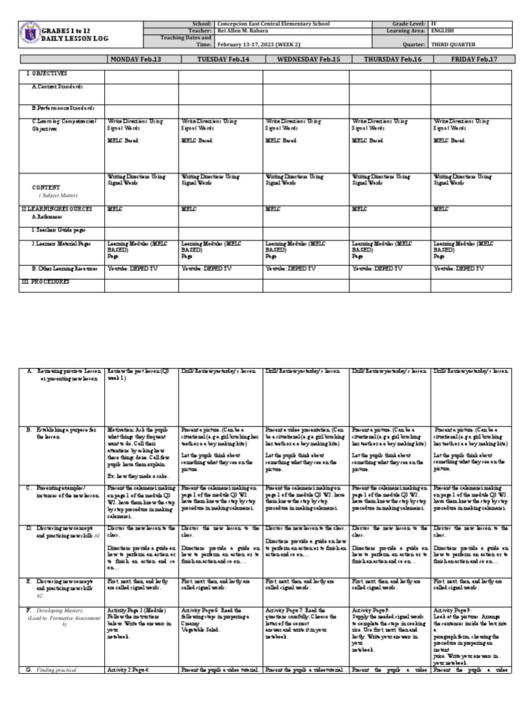 Q3 - ENGLISH - DLL - Week2 - MELC - Based - Feb13-14-2023 | PDF | Learning | Cognition