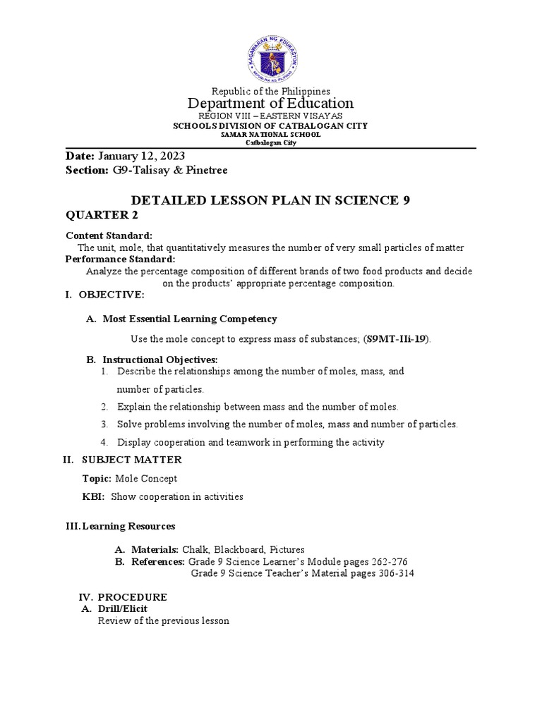 Lesson Plan in Jan. 12 Mole Concept Grade 9 | PDF