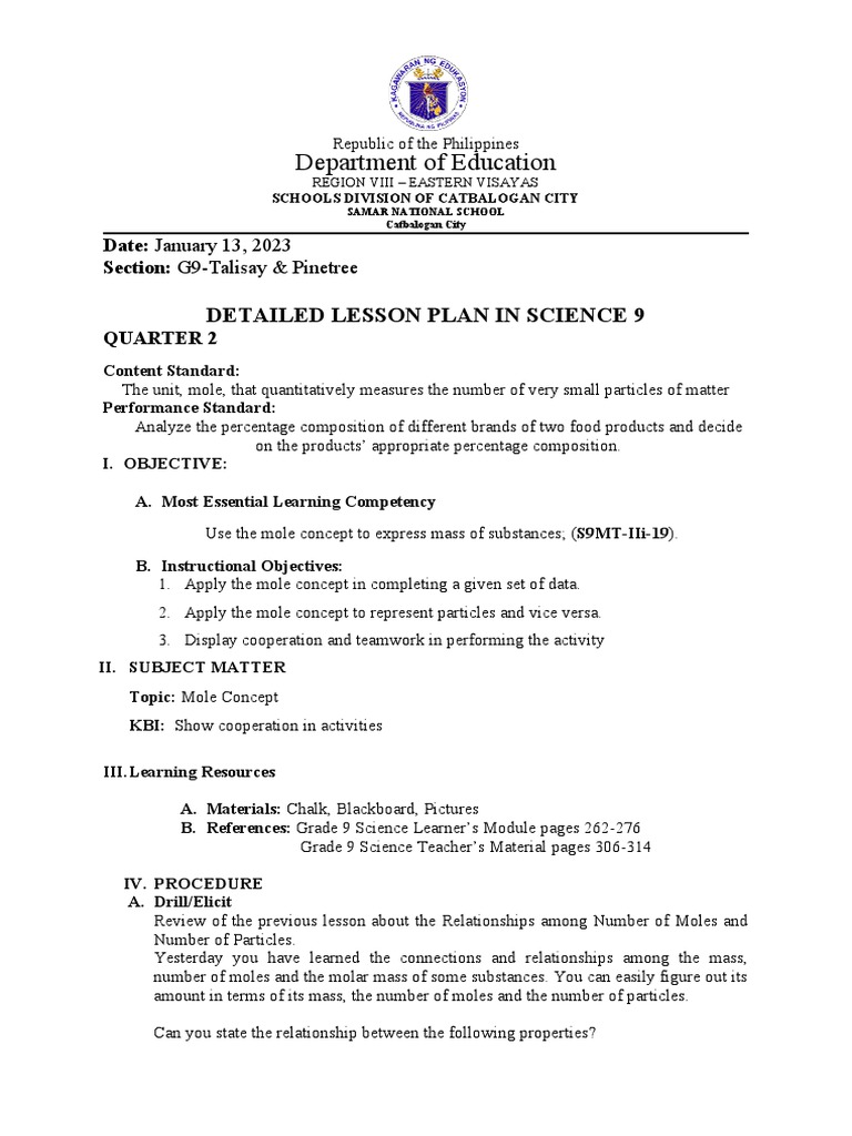 Lesson Plan in Jan. 13 Mole Concept Grade 9 | PDF | Mole (Unit) | Molecules