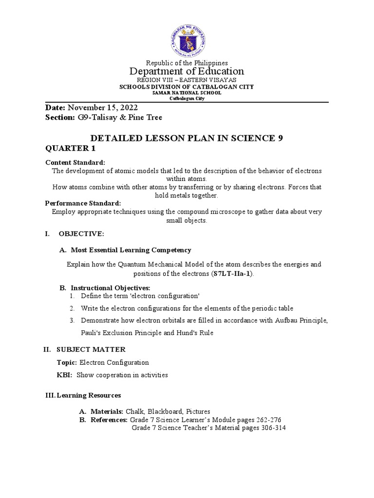 Grade 9 Electron Configuration Lesson Plan | PDF | Electron ...
