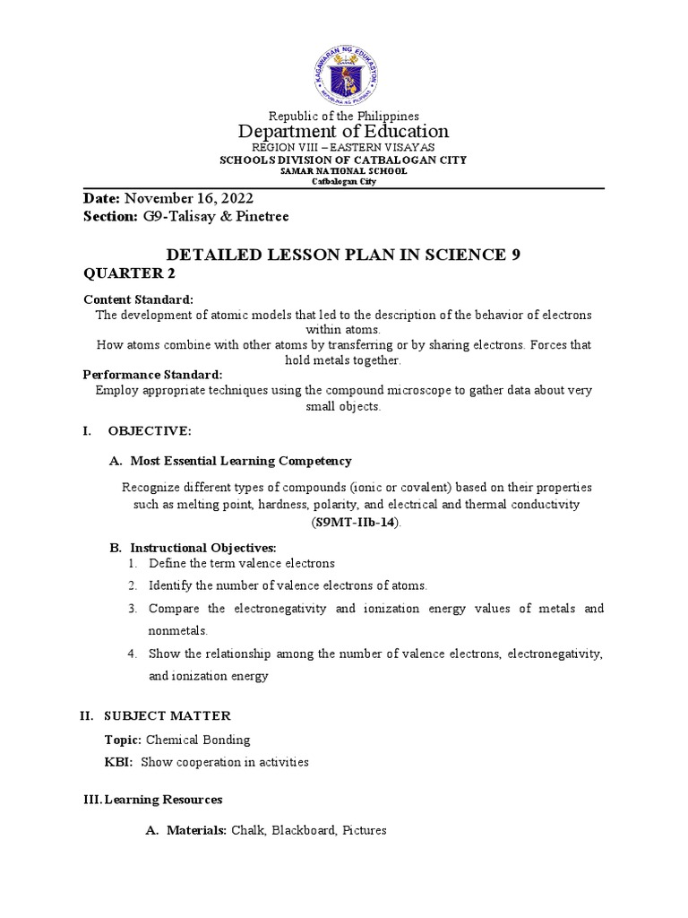 Lesson Plan in Nov. 16 Chemical Bonding Grade 9 | PDF | Chemical Bond ...