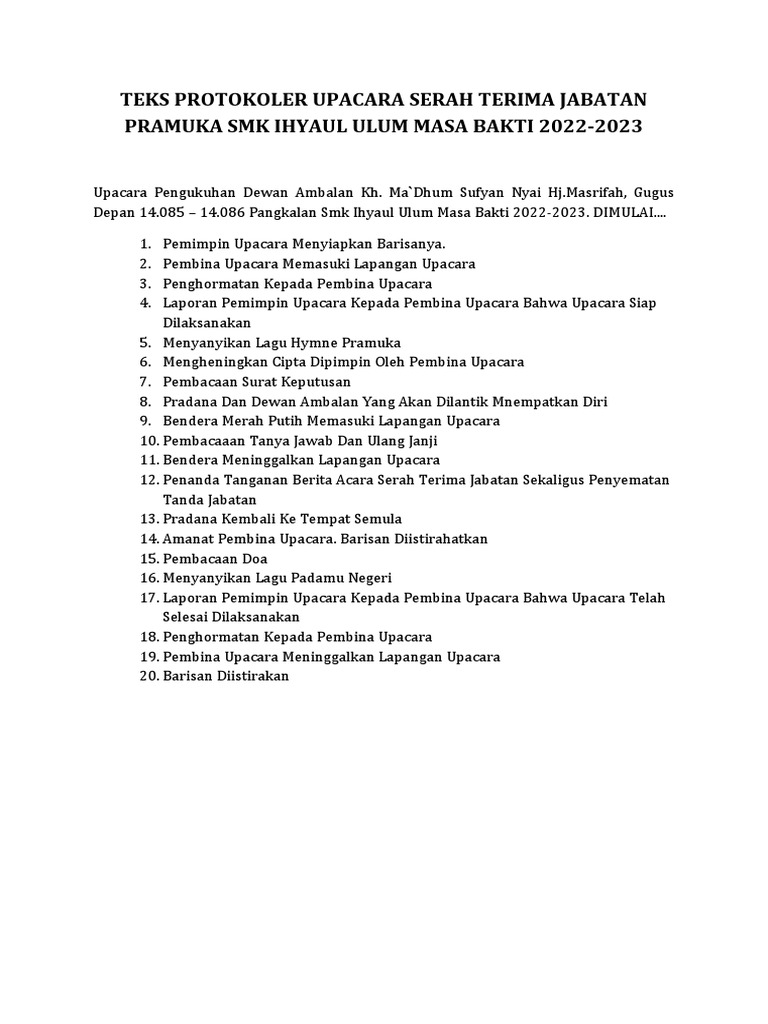 Teks Protokoler Upacara Serah Terima Jabatan Pramuka SMK Ihyaul Ulum Masa Bakti 2022 | PDF