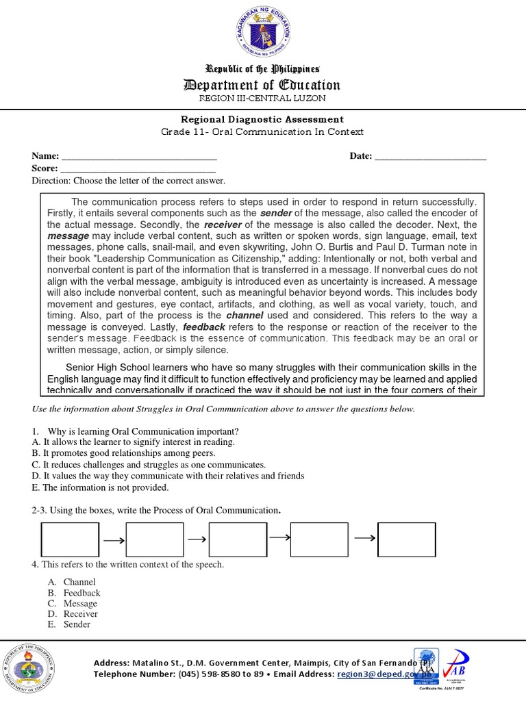 Diagnostic Assessment Tool in English - Grade 11 - Oral Communication | PDF | Communication ...