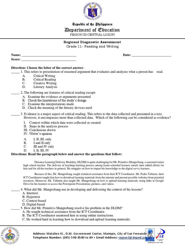 Diagnostic Assessment Tool in English - Grade 11 - Rading - Writing ...
