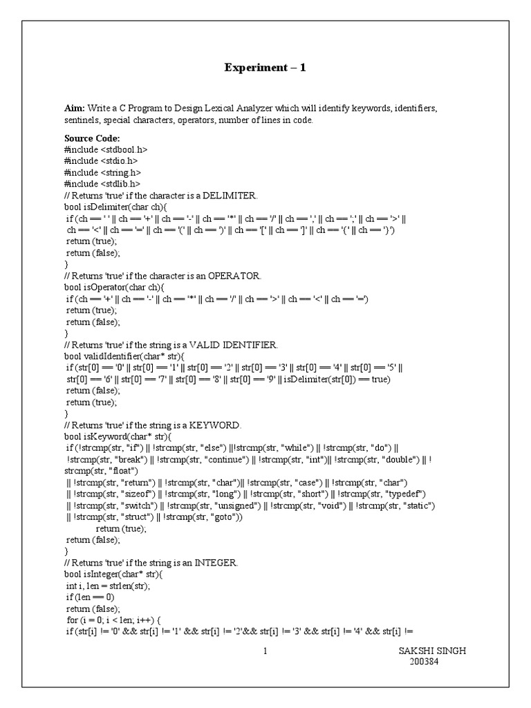Experiment - 1: Aim: Write A C Program To Design Lexical Analyzer Which Will Identify Keywords ...