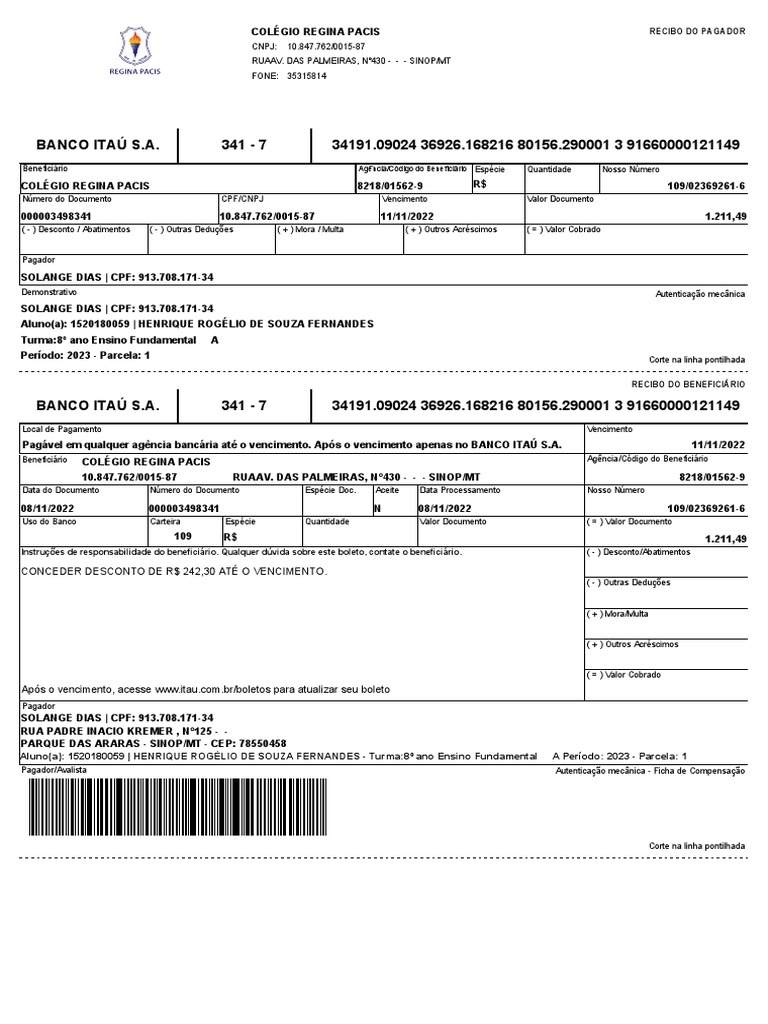 Recibo de pagamento de mensalidade escolar emitido pelo Colégio Regina ...
