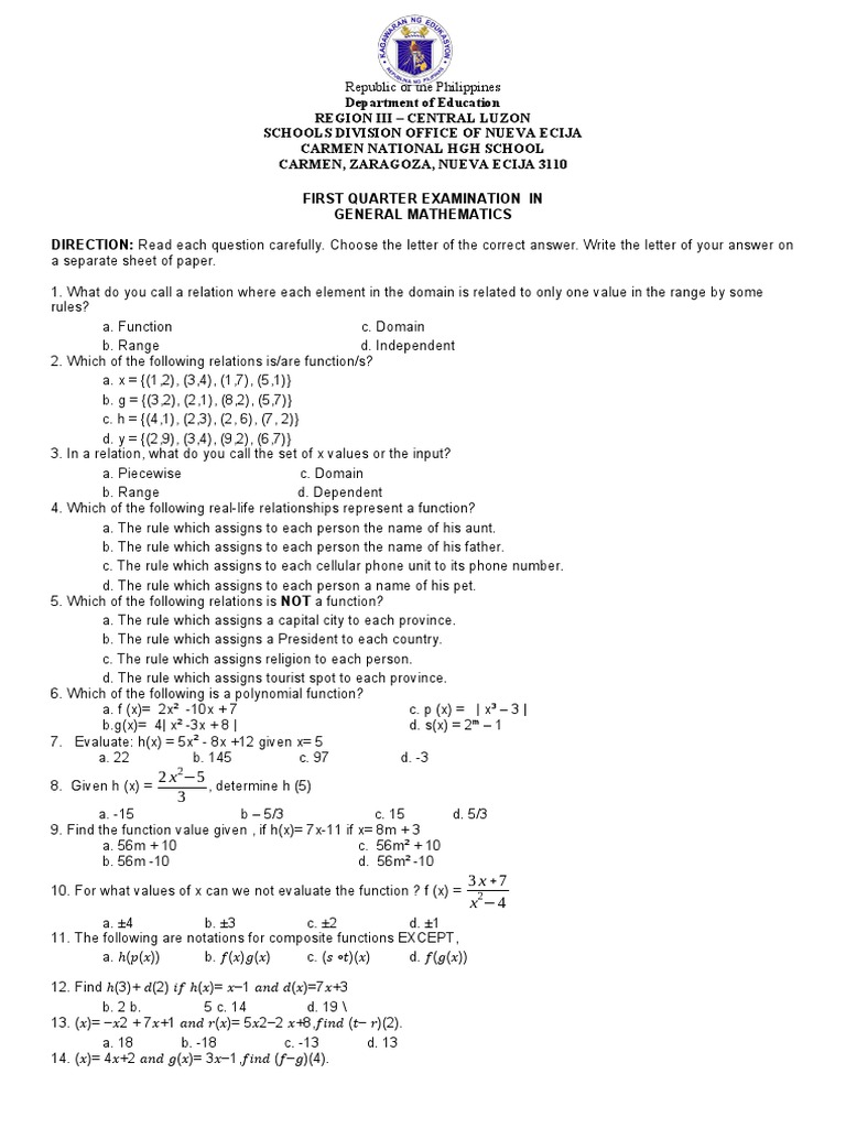 1st Quarter Exam in Gen Math | PDF | Equations | Rational Number