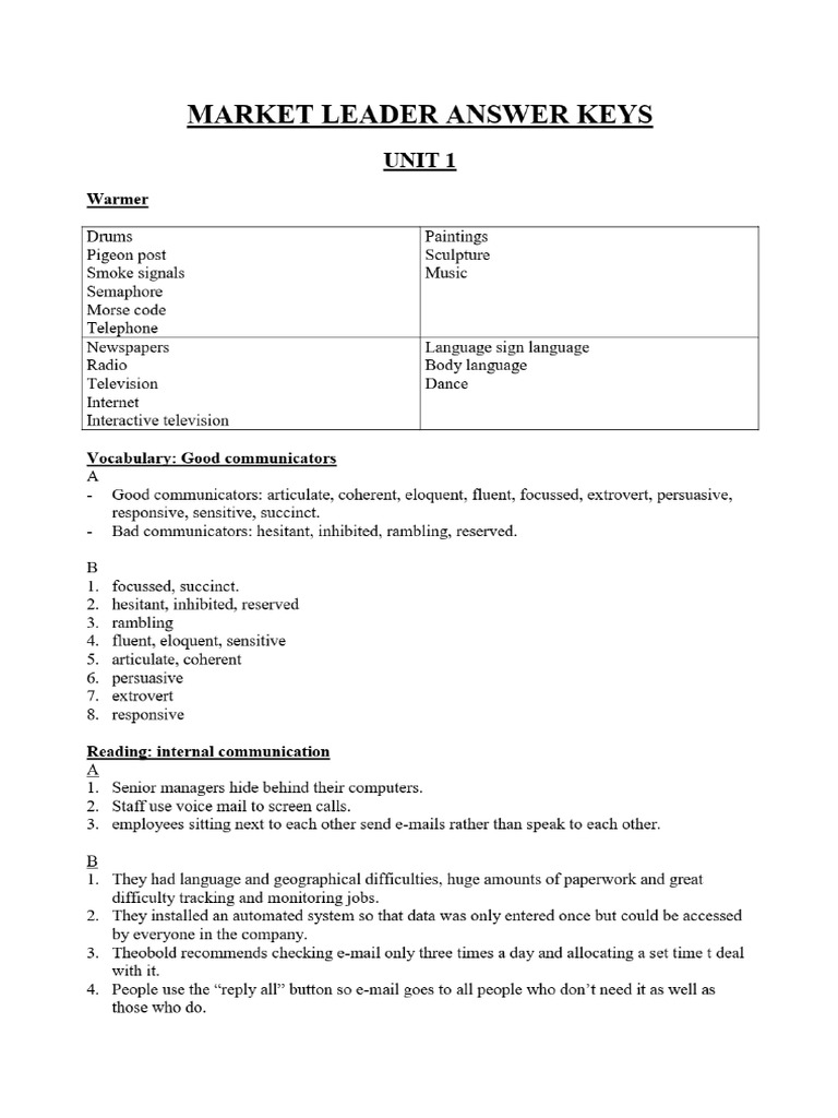 Market Leader Answer Keys | PDF