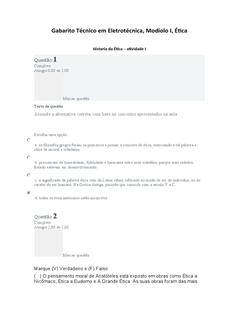 Gabarito Técnico em Eletrotécnica, Modíolo I, Ética | PDF | Moralidade ...