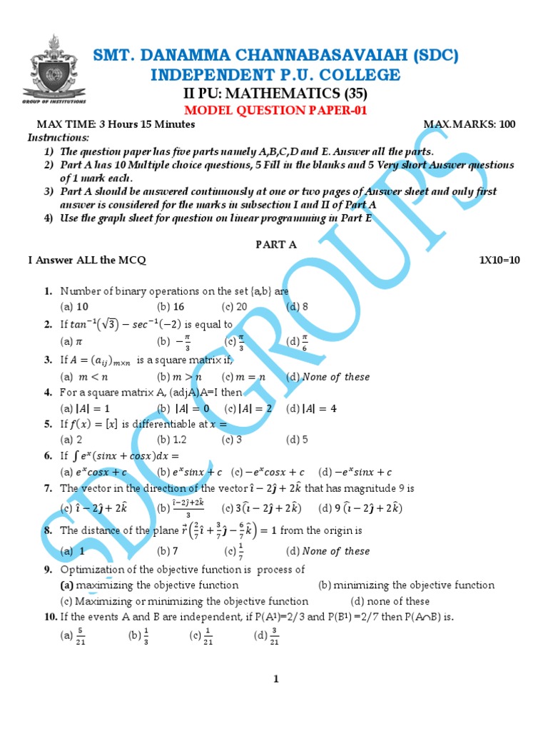 SDC II Math 5 Model Papers 2023 | PDF | Equations | Matrix (Mathematics)
