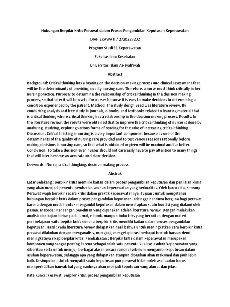The Relationship Between Critical Thinking in Nurses and the Nursing Care Decision Making ...