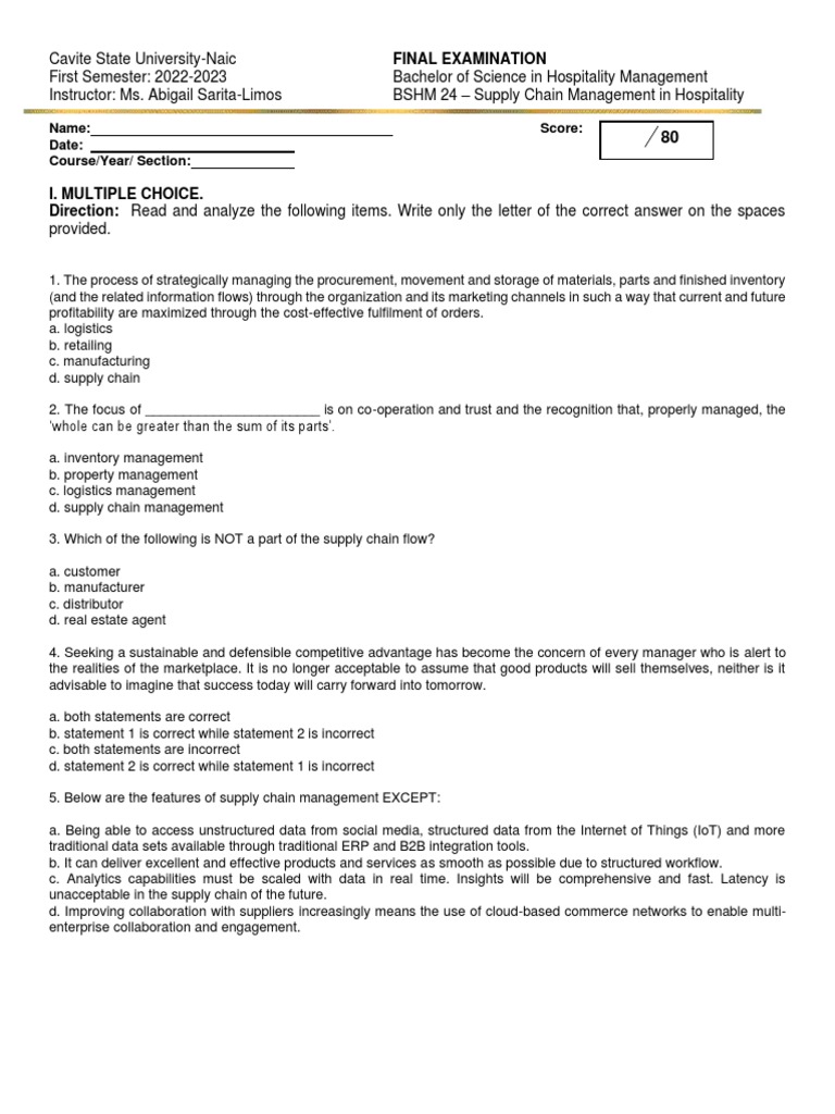 BSHM Supply Chain Management Exam 2022 | PDF | Supply Chain | Warehouse