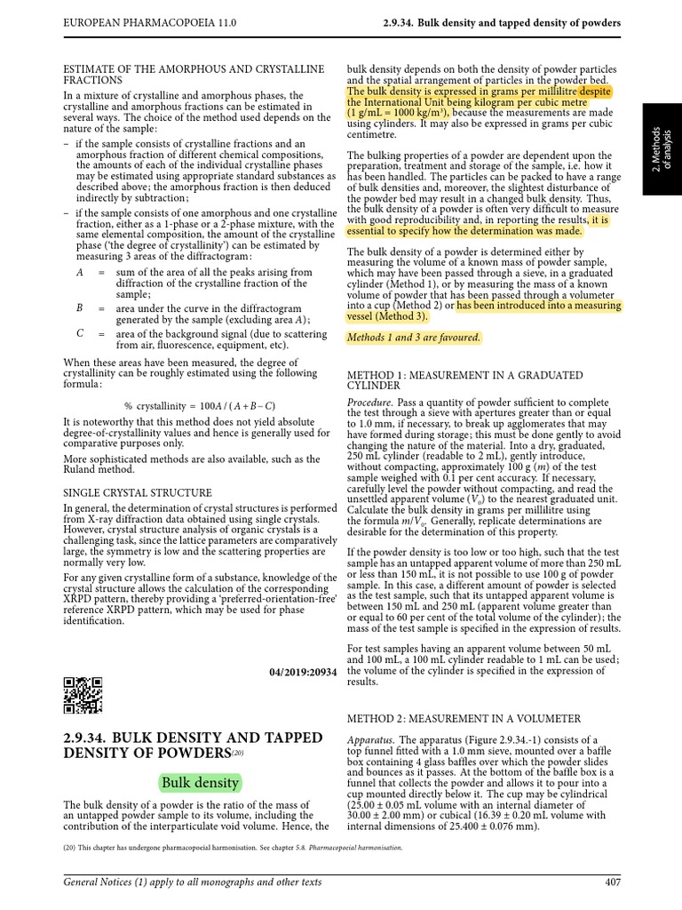 2.9.34. Bulk Density and Tapped Density of Powders | PDF | Density | X ...