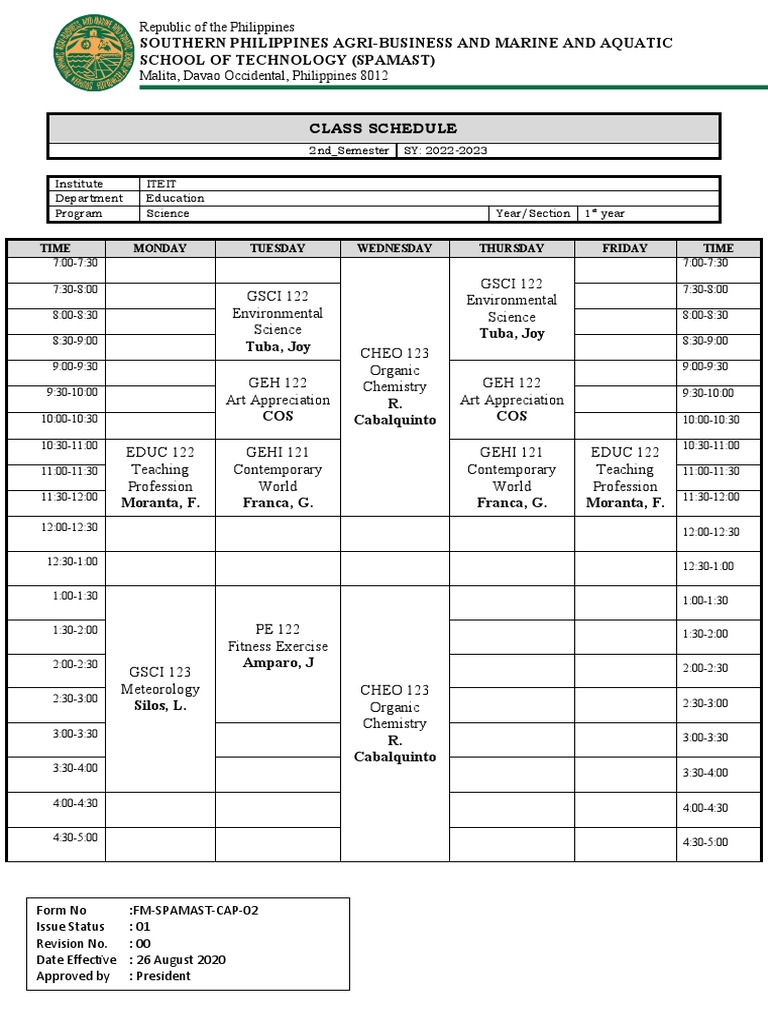 SPAMAST 2022-2023 Class Schedule | PDF | Physical Sciences | Cognition