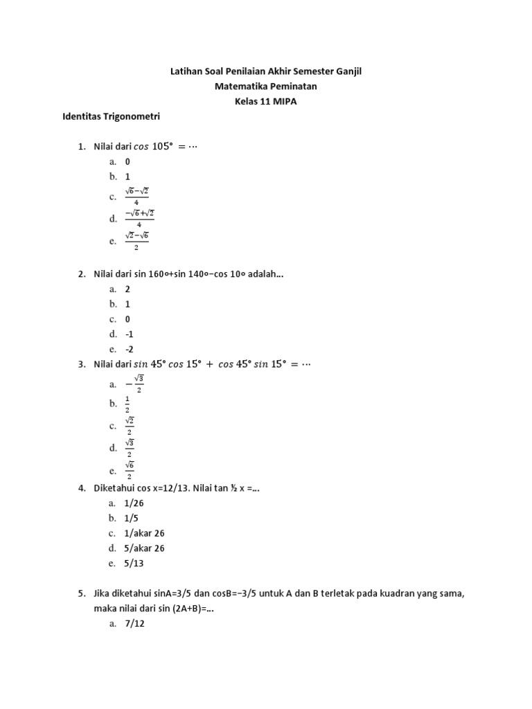 Soal Kisi-Kisi Pas MTK Peminatan Kelas Xi Mipa | PDF