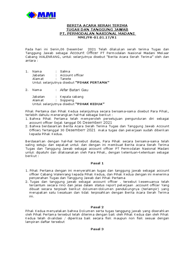 Formulir Berita Acara Serah Terima (R1) | PDF