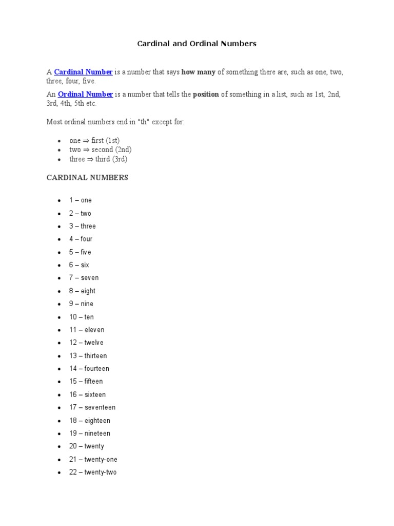 Cardinal and Ordinal Numbers 1-100 | PDF | Numbers | Mathematical Concepts