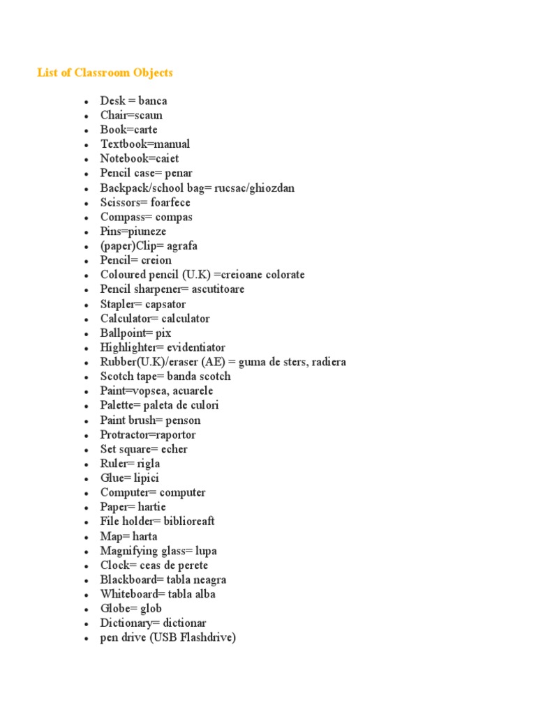 List of Classroom Objects | PDF