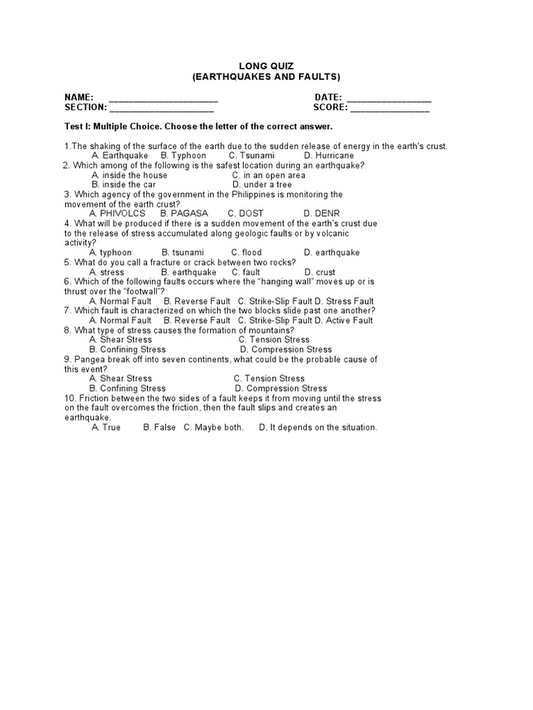 Earthquake Quiz: Multiple Choice Test | PDF