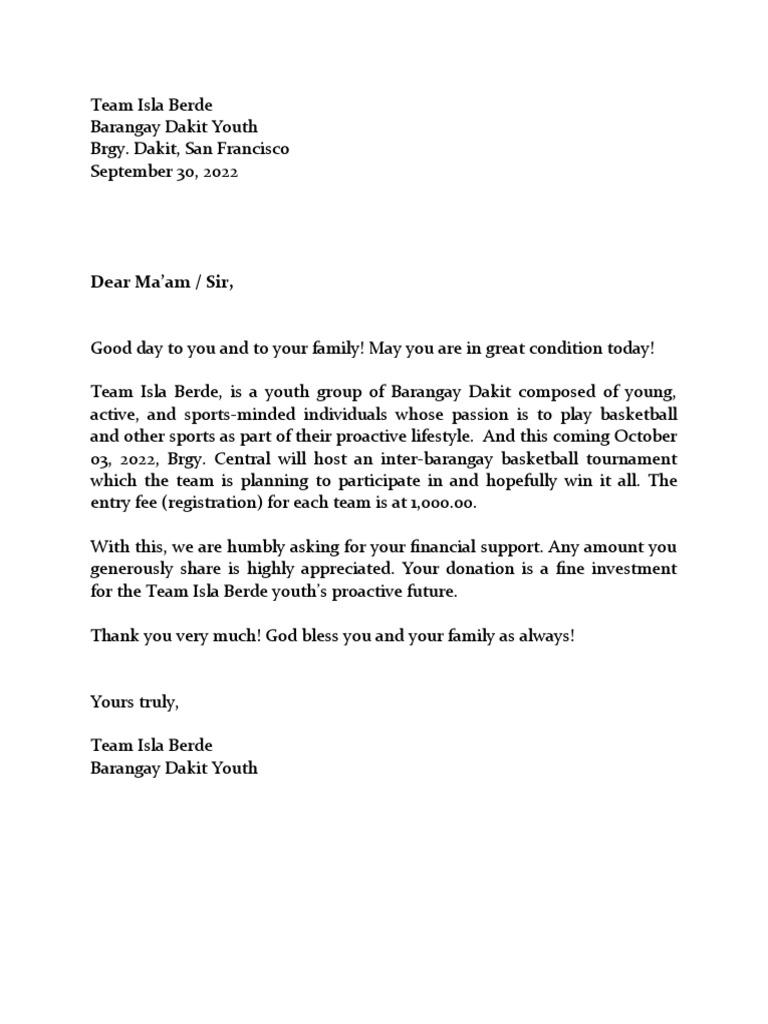Solicitation Letter - Team Isla Berde | PDF