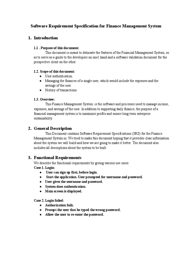 Software Requirement Specification For Finance Management System | PDF