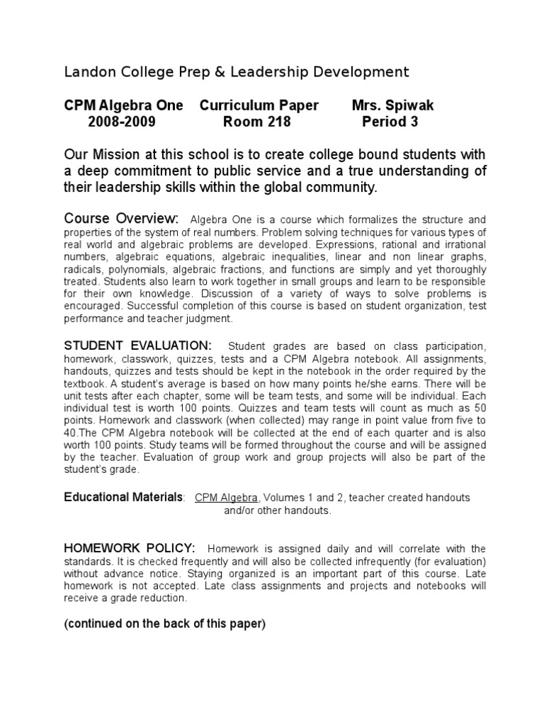 Curriculum Paper Algebra | PDF | Homework | Algebra