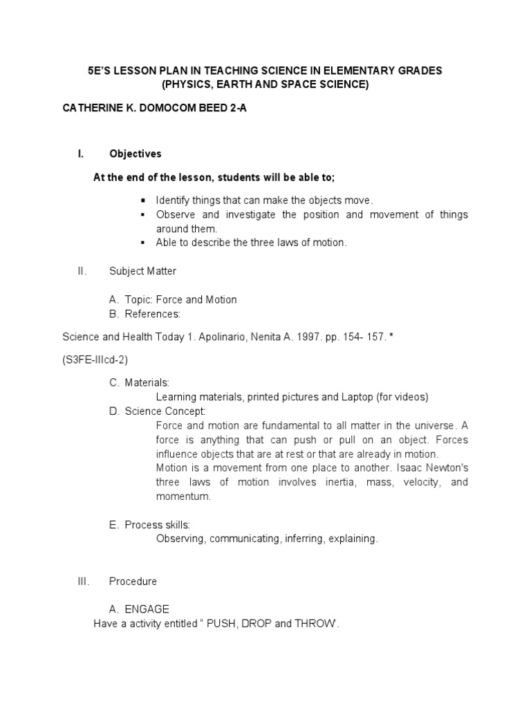 5E Lesson Plan: Force and Motion | PDF | Force | Newton's Laws Of Motion