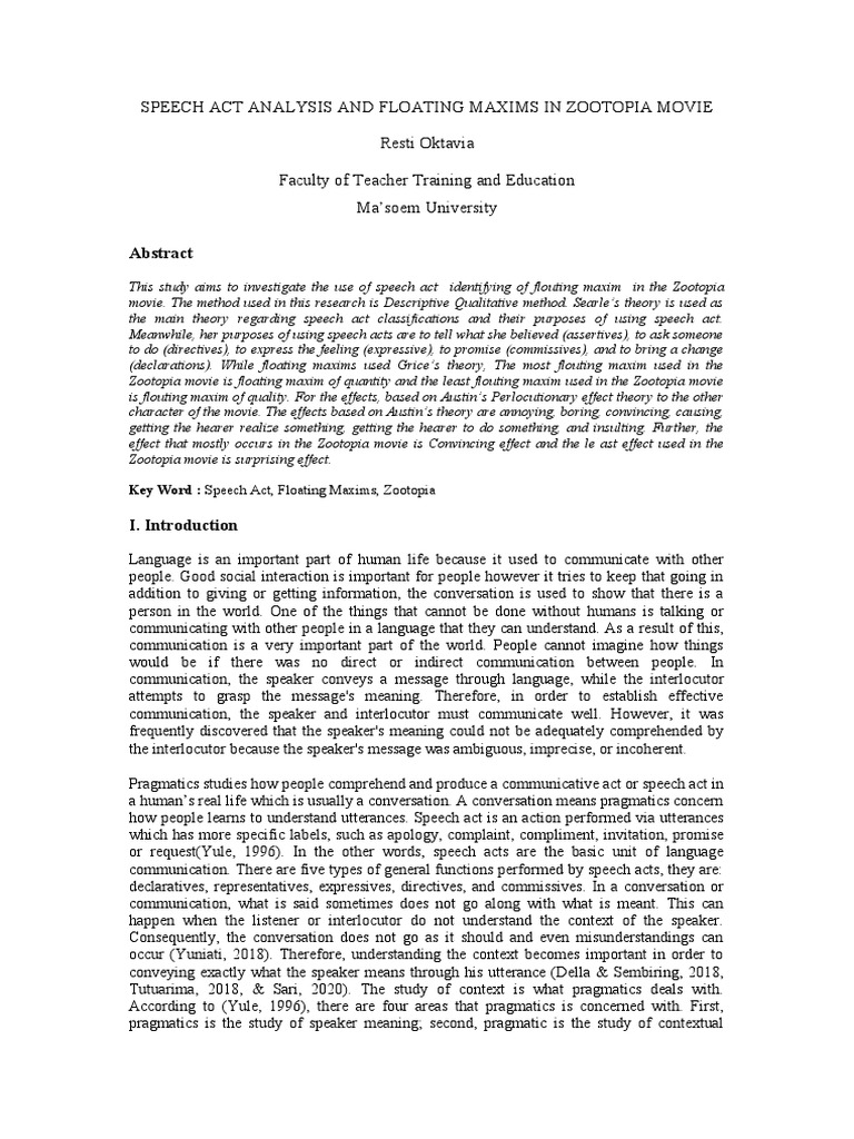 Analyzing Speech Acts and Violations of Cooperative Principles in Disney's Zootopia | PDF ...