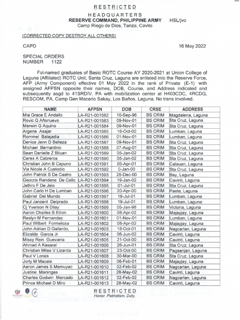 Corrected Copy Enlistment Order C.Y 2021 of Union College Uc | PDF