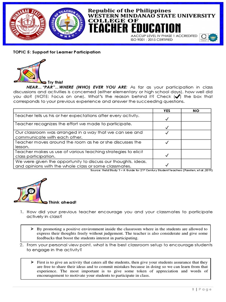 TOPIC 5 Support For Learner Participation | PDF | Teachers | Learning