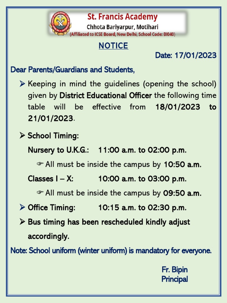 School Timing Change Notice 2023 | PDF