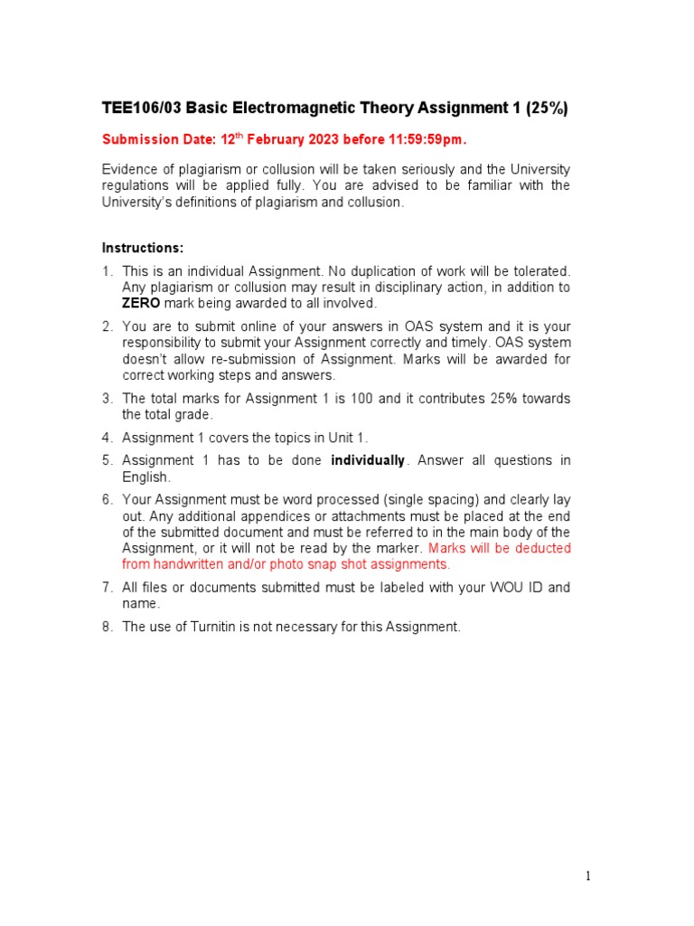 TEE106 Assignment 1 electromagnetic theory | PDF | Differential Geometry | Abstract Algebra