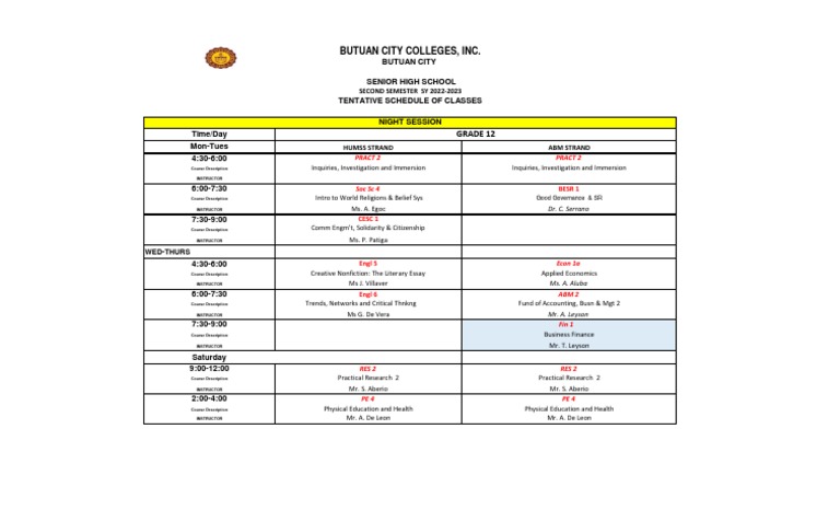Grade 12 Night Class Schedule 2022-2023 | PDF