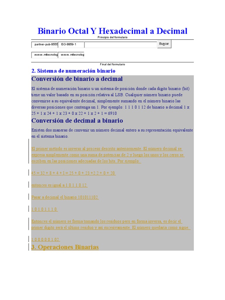 Binario Octal Y Hexadecimal A Decimal | PDF | Poco | Decimal