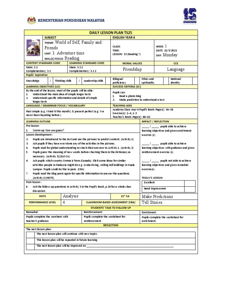 BI Y6 LP TS25 (Unit 3 - Adventure Time - LP 33-48) | PDF | Lesson Plan | Teachers