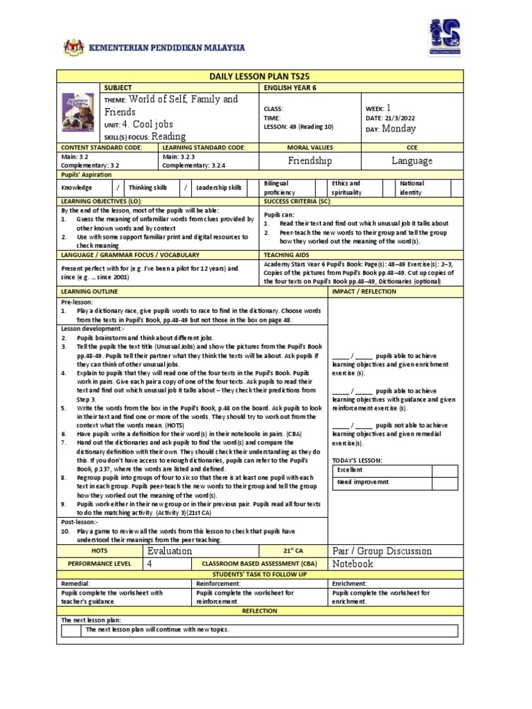 BI Y6 LP TS25 (Unit 4 - Cool Jobs - LP 49-64) | PDF | Lesson Plan | Teachers
