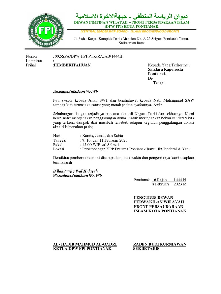 Surat Pemberitahuan Penggalangan Donasi DPW FPI | PDF