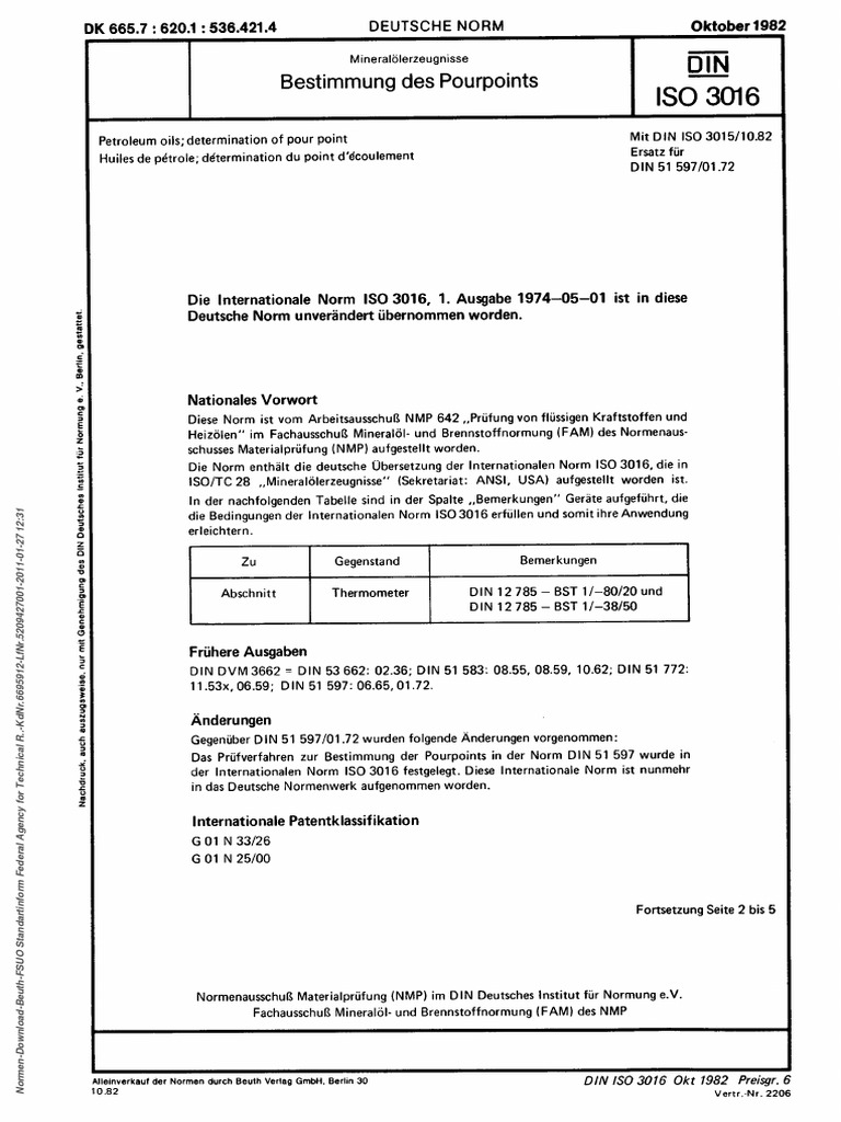 DIN ISO 3016 1982 (D) Determination of Pour Point | PDF