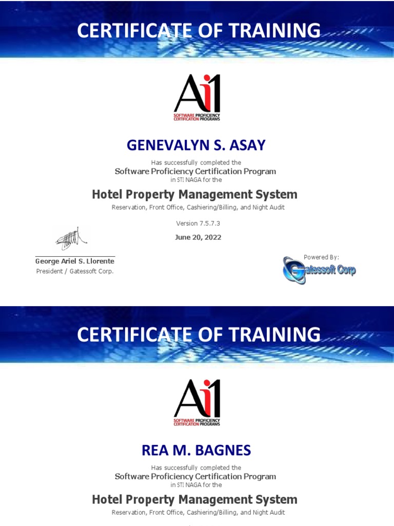 Hotel Management System Training Certificates | PDF