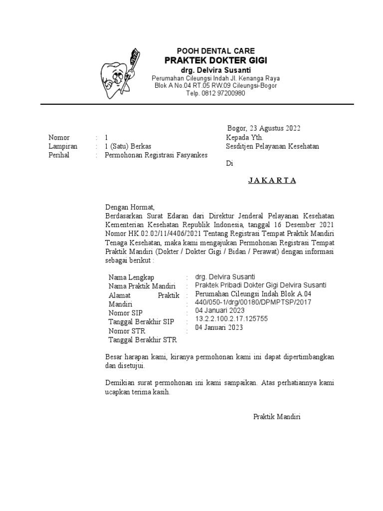 Template Surat Permohonan Registrasi Praktik Mandiri | PDF