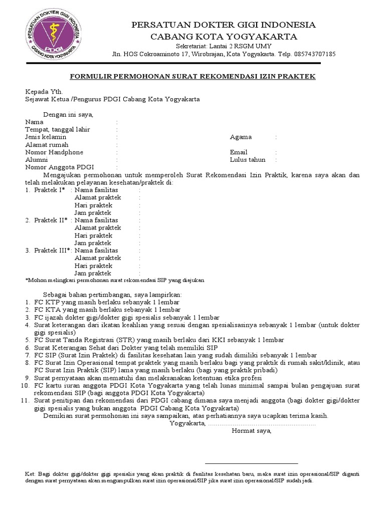 Formulir Rekomendasi SIP PDGI Yogya | PDF