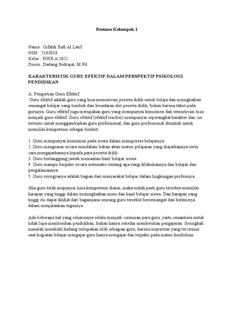 Karakteristik Guru Efektif Dalam Perspektif Psikologi Pendidikan | PDF