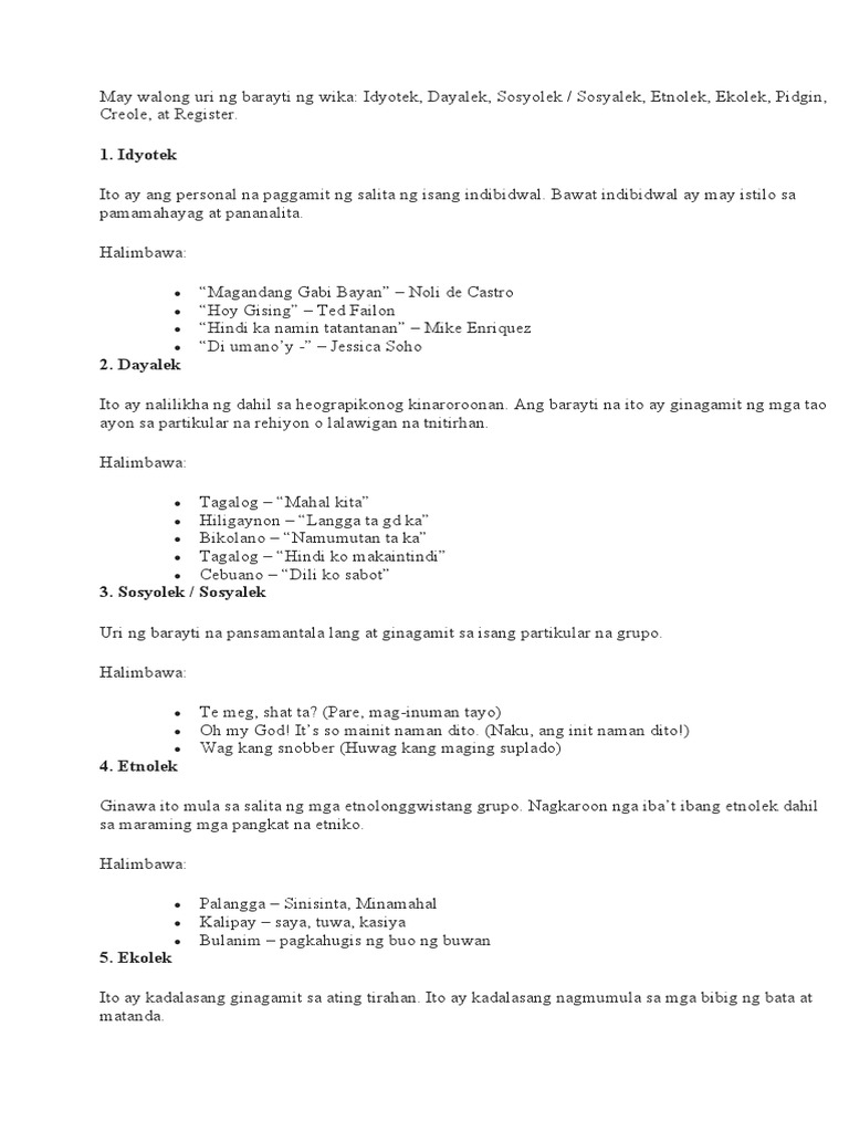 May Walong Uri NG Barayti NG Wika | PDF