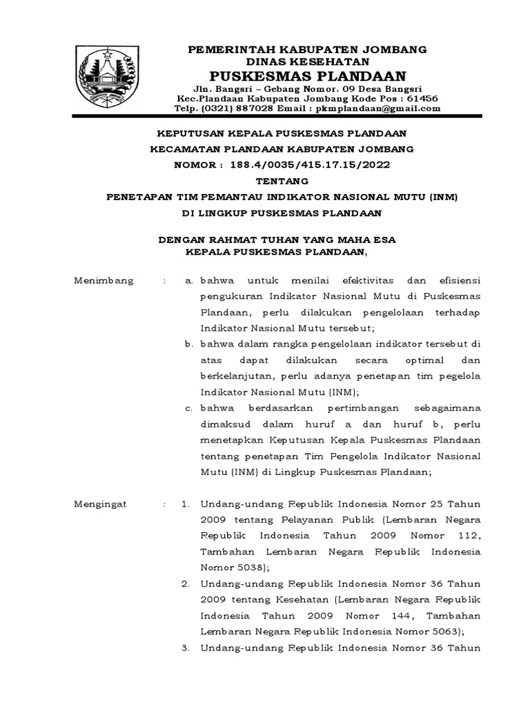 SK Penetapan Tim Pemantau Indikator Nasional Mutu (Inm) | PDF