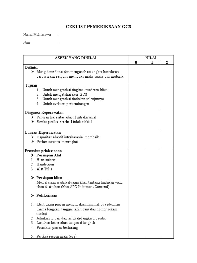Ceklist Pemeriksaan GCS dan Diagnosa | PDF