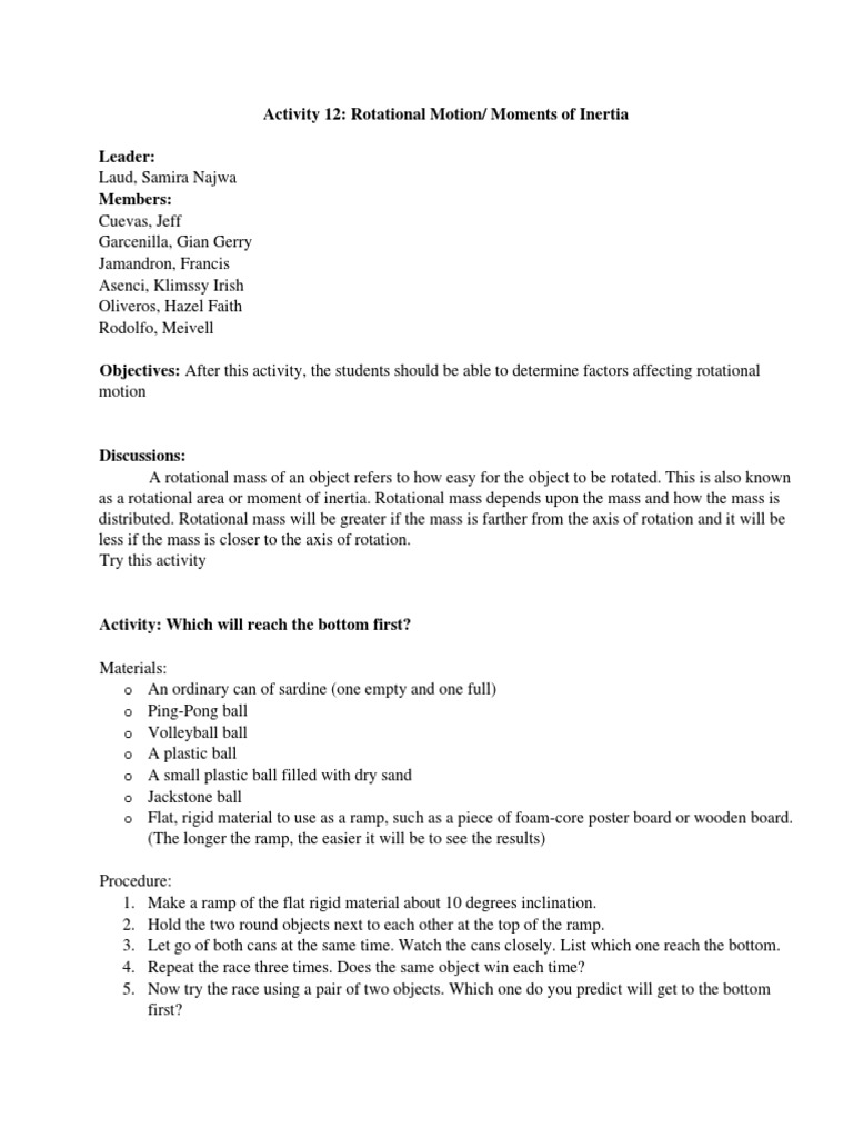 Group Activity 4 - Rotational Motion and Moments of Inertia | PDF ...