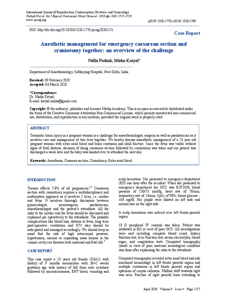 Anesthetic Management For Emergency SC and Craniotomy Together | PDF