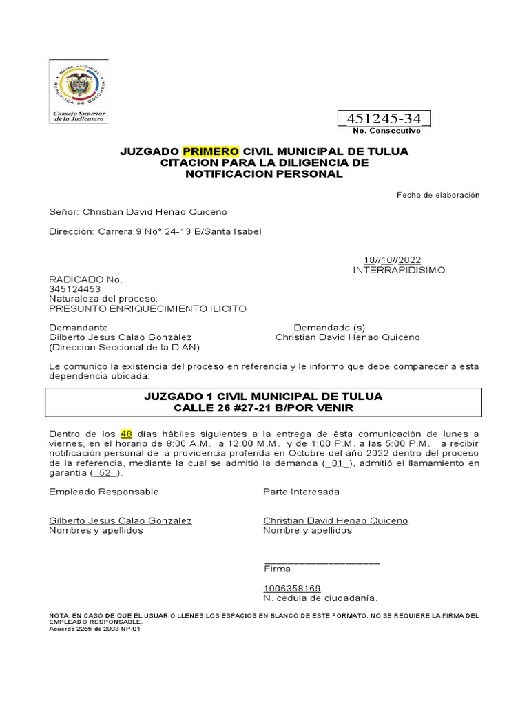 70 Formato de Citacion para Notificacion Personal Auto Admisorio de ... 70 Formato de Citacion para Notificacion Personal Auto Admisorio de ...